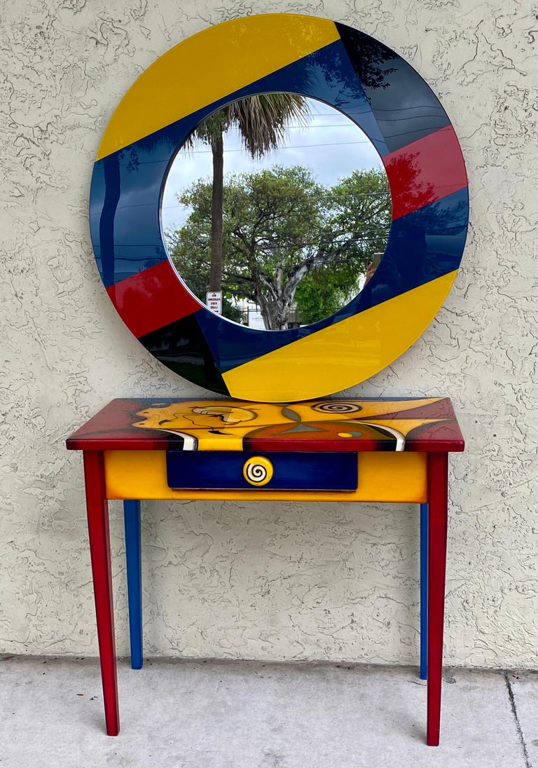 1990s Memphis Style Postmodern Abstract Art Console Desk and Mirror For ...