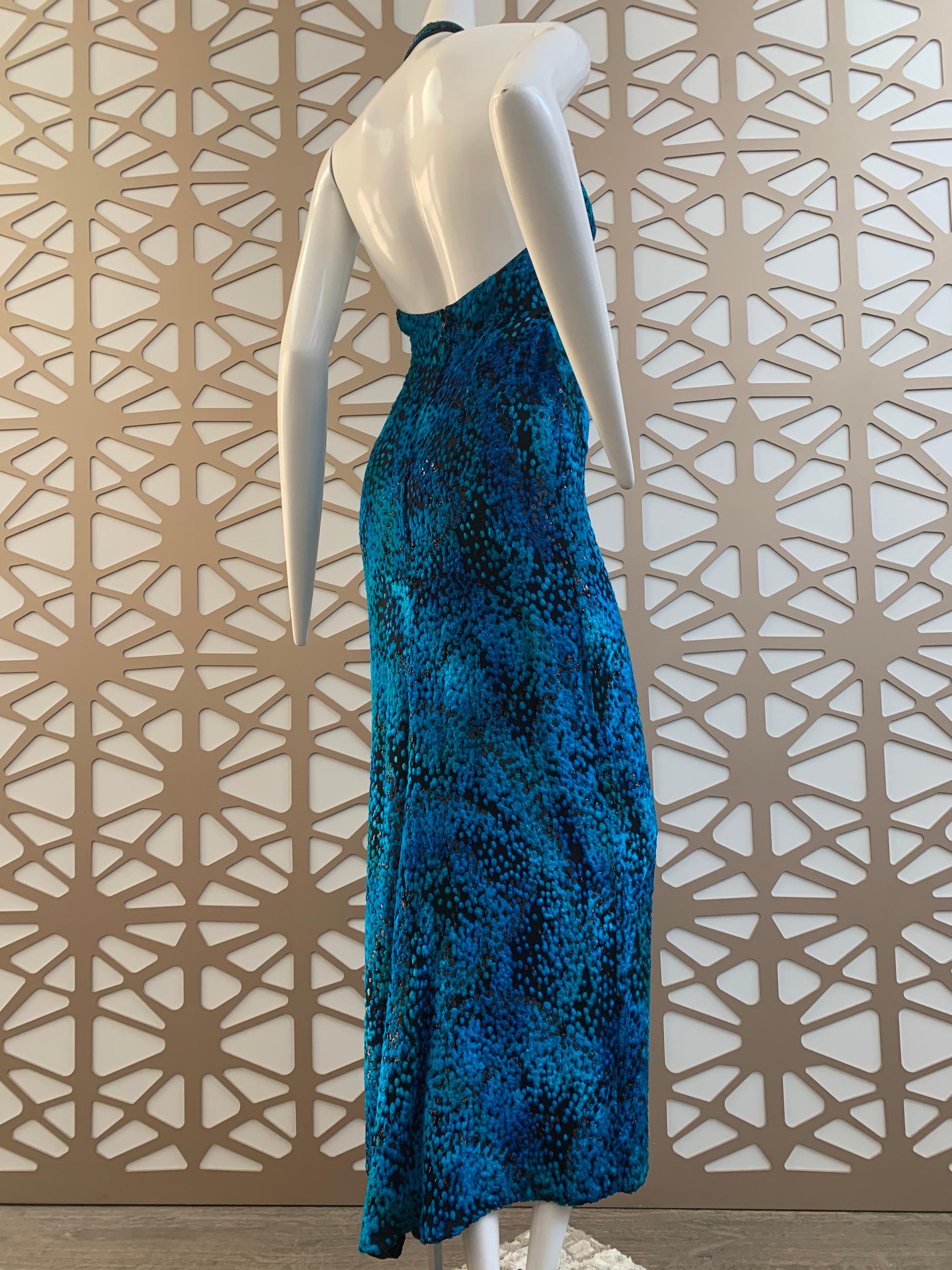 1990s Michael Casey Peacock-Toned Velvet Halter Gown and Bead Fringe ...
