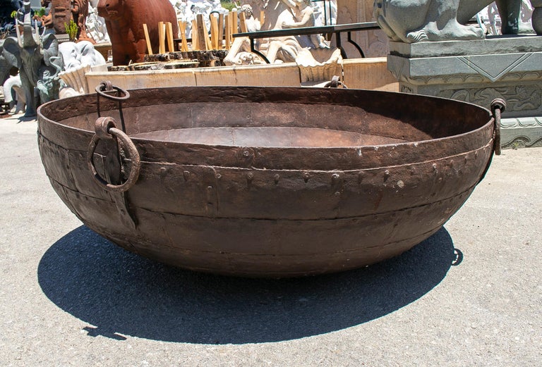 1990s Monumental Wrought and Riveted Iron Cooking Pot For Sale at 1stDibs