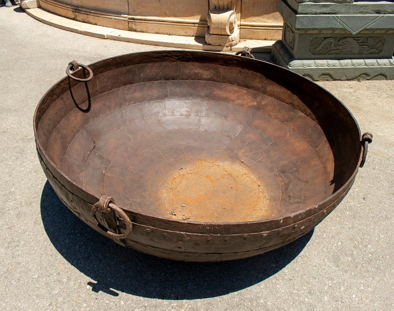 1990s Monumental Wrought and Riveted Iron Cooking Pot For Sale at 1stDibs