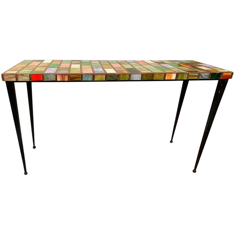 1990s Mosaic Glass Top Table with Iron Base For Sale at 1stDibs