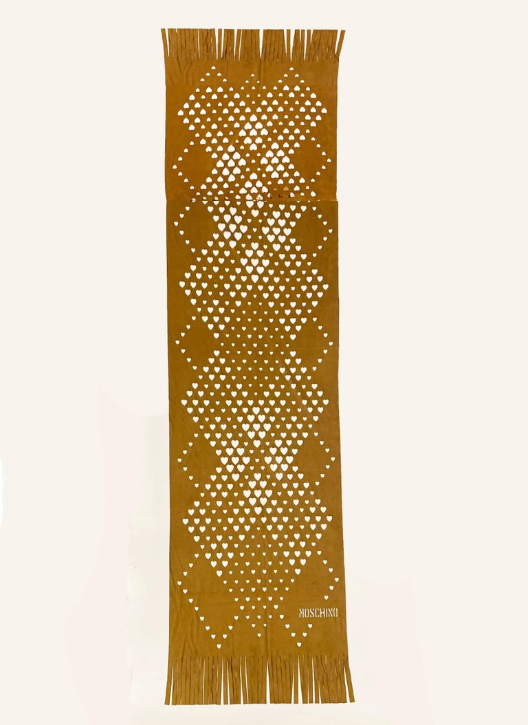 1990s Moschino Faux Suede Brown Heart Openwork Scarf For Sale at 1stDibs