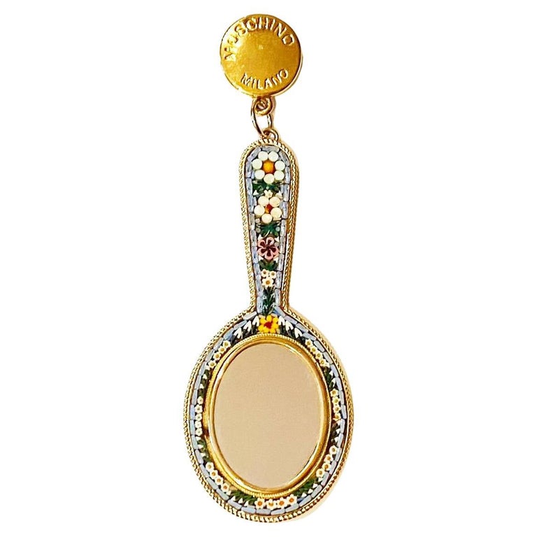 1980s Moschino Stone Enameled Mirror Pin Brooch For Sale at 1stDibs