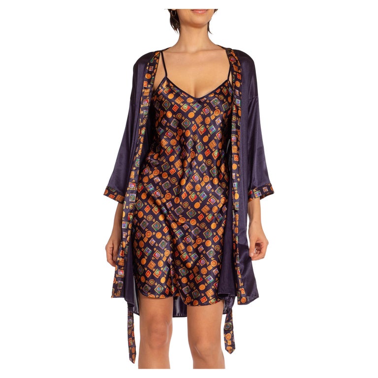 1990S Navy Blue and Gold Silk Bias Cut Status Print Slip Dress Robe ...