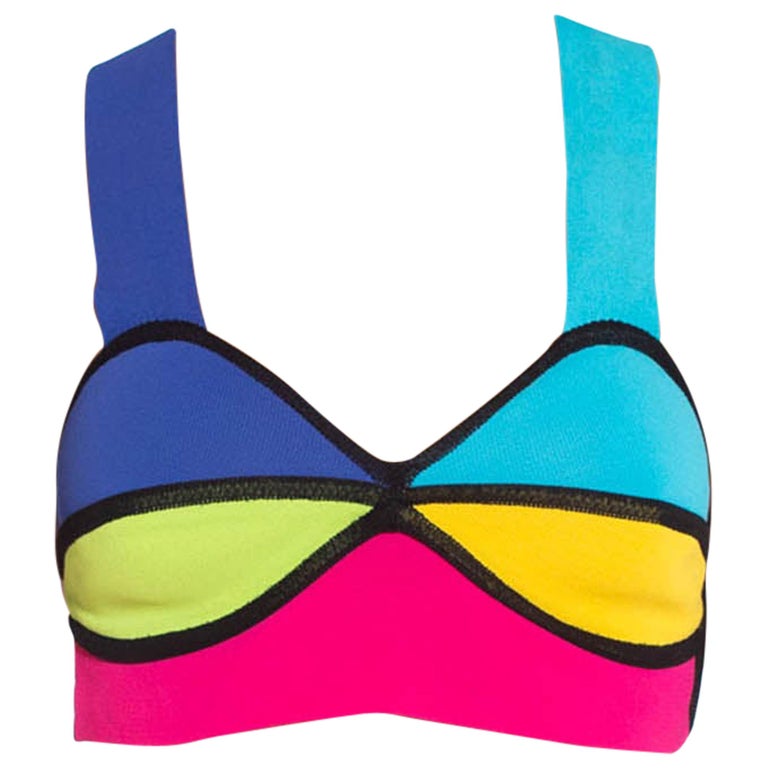1990S Neon Rainbow Colorblocked Rayon Blend Knit Bra Top at 1stDibs