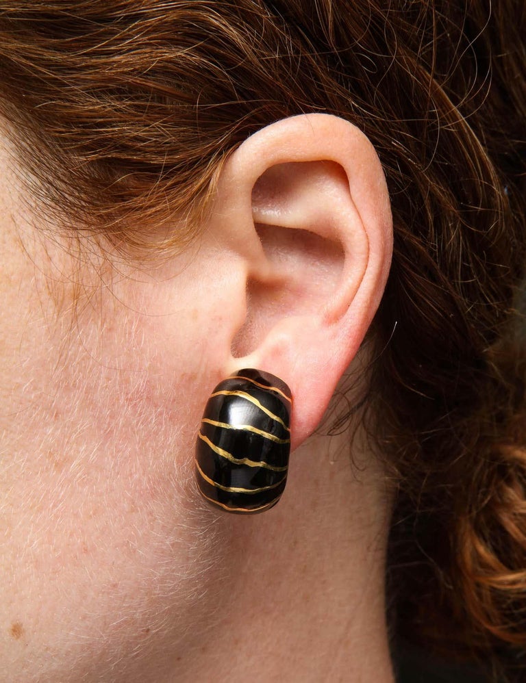 1990's Nicholas Varney Black Enamel and Gold Animal Print Motif Clip On ...