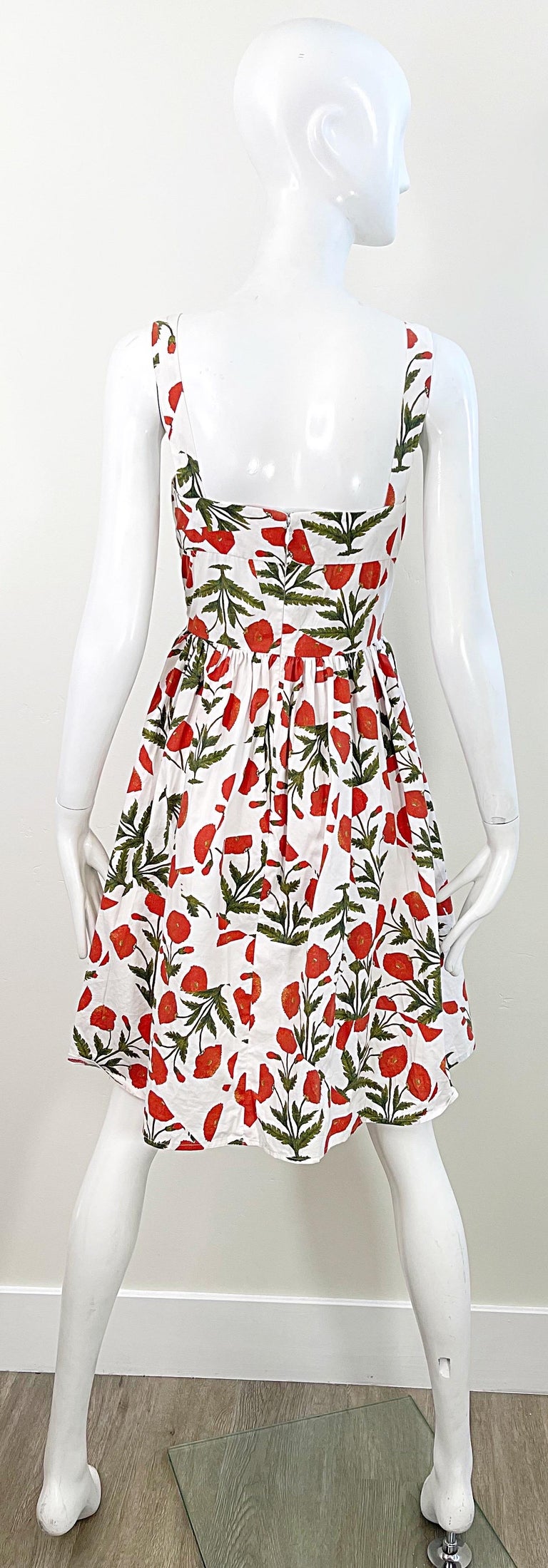 1990s Oscar de la Renta Poppy Print Size 6 Fit and Flare Vintage Cotton ...