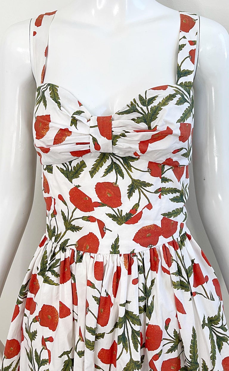 1990s Oscar de la Renta Poppy Print Size 6 Fit and Flare Vintage Cotton ...