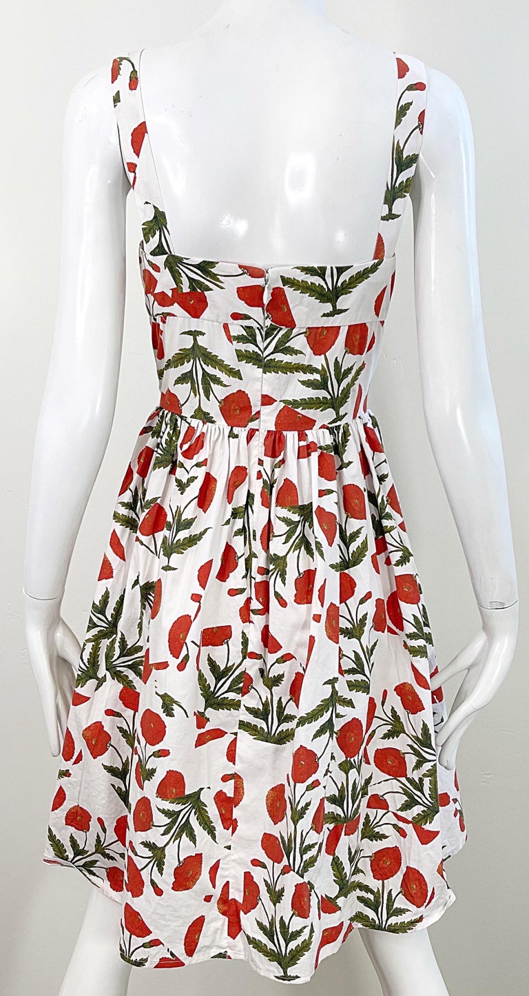 1990s Oscar de la Renta Poppy Print Size 6 Fit and Flare Vintage Cotton ...