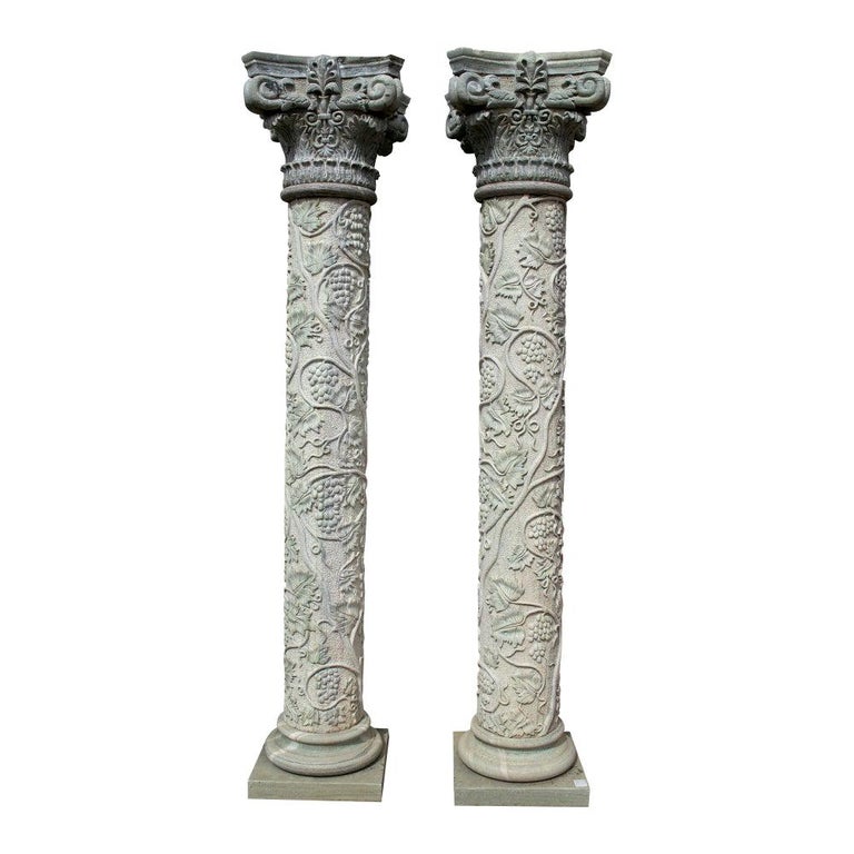 1990s Pair of Hand Carved Serpentine Green Marble Corinthian Columns ...