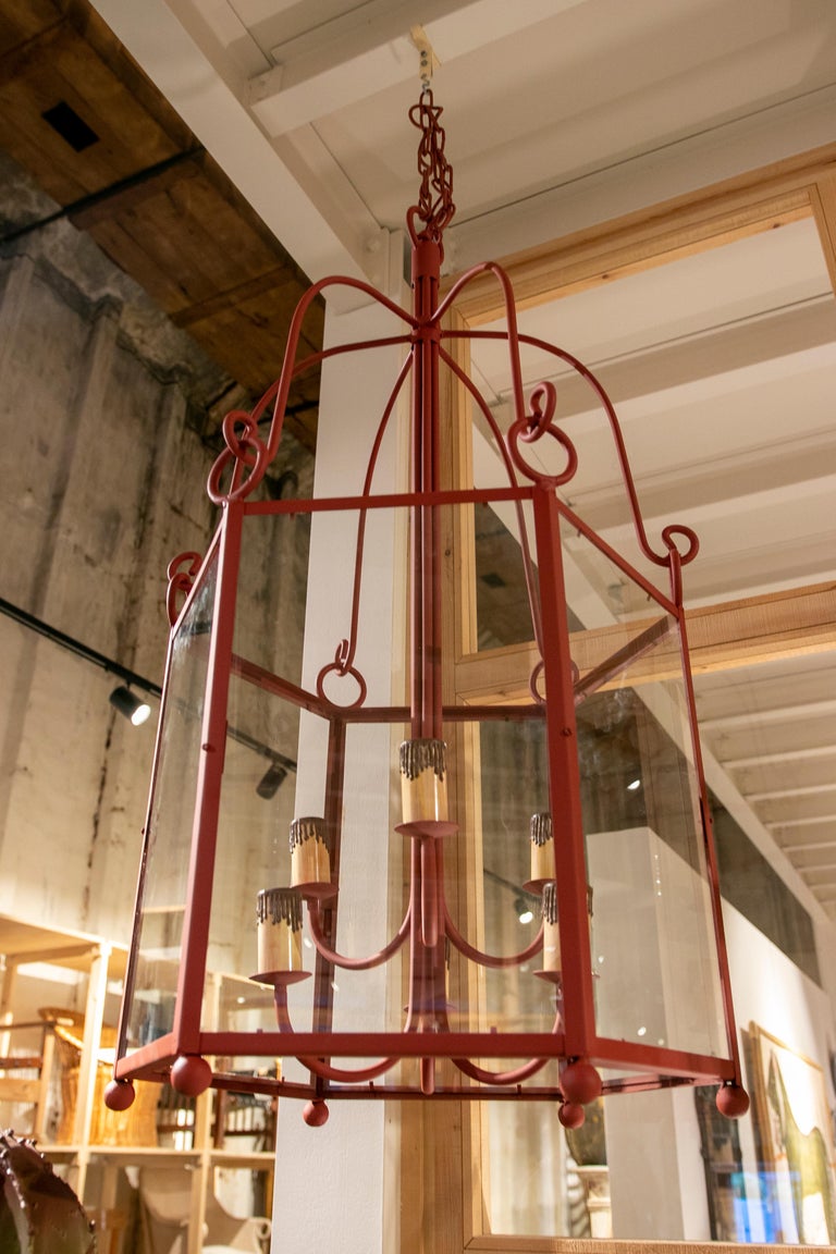 1990s Pair of Painted in Red Iron Lanterns with Glass For Sale at 1stDibs