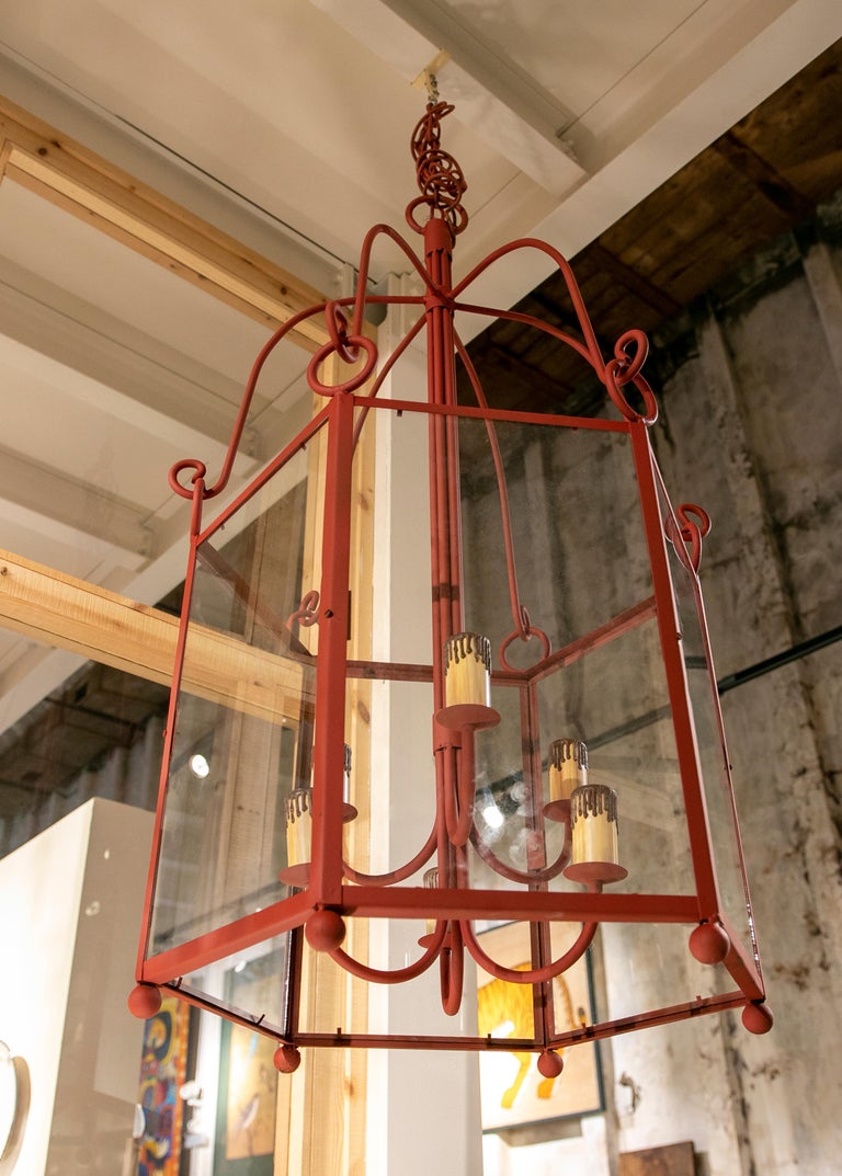 1990s Pair of Painted in Red Iron Lanterns with Glass For Sale at 1stDibs