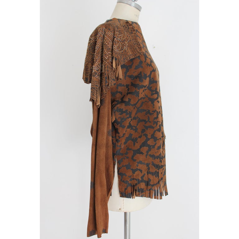 1990s Pancaldi Brown Leather Fringes Country Spotted Vintage Shirt ...