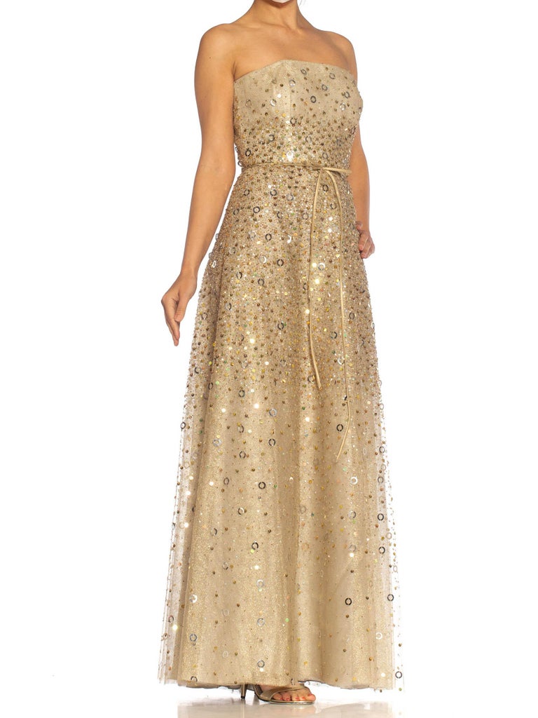 1990S PILAR ROSSI Oyster Grey Silk and Beaded Net Strapless Gown For ...