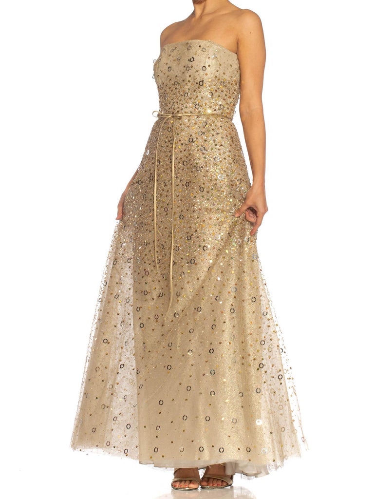 1990S PILAR ROSSI Oyster Grey Silk and Beaded Net Strapless Gown For ...