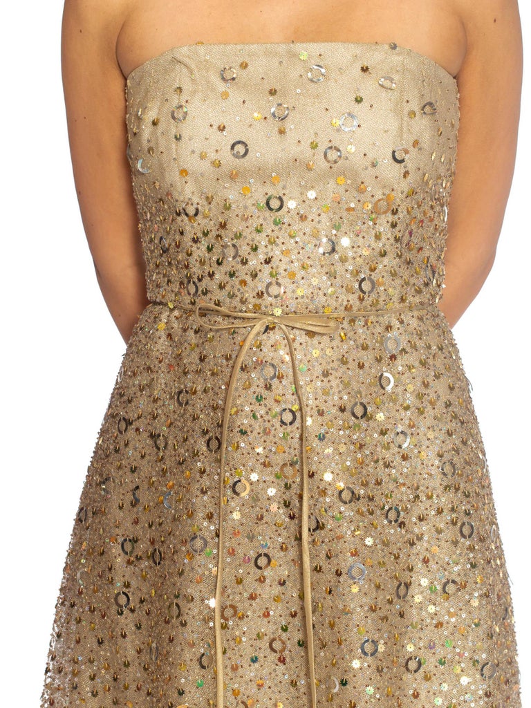 1990S PILAR ROSSI Oyster Grey Silk and Beaded Net Strapless Gown For ...