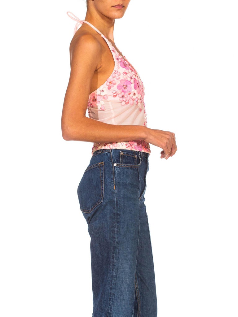 1990S Pink Stretch Net Paris Hilton Puffy Paint Flower Top With ...