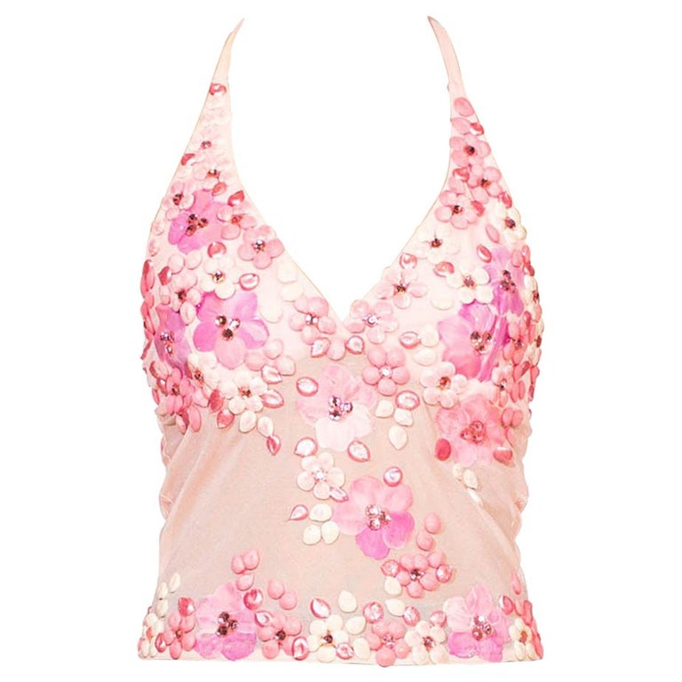 1990S Pink Stretch Net Paris Hilton Puffy Paint Flower Top With ...