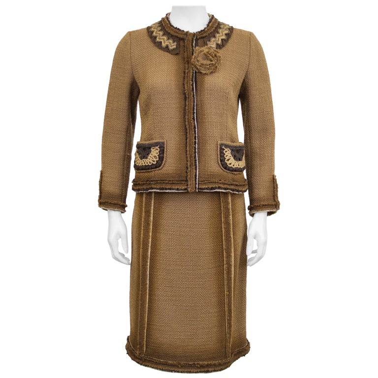 1990s Prada Tan Woven Linen Boucle Suit with Macrame Details at 1stdibs