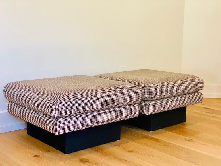 1990s Raised Plinth Houndstooth Black and White Upholstered Ottomans, a ...