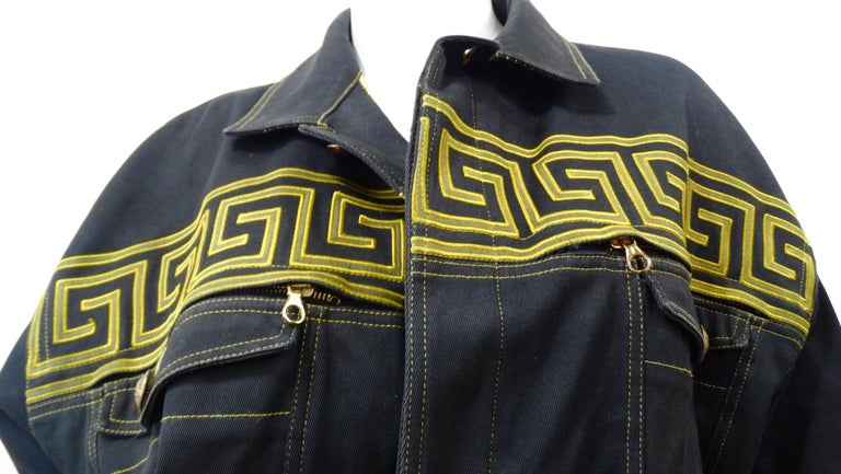 1990s Rare Versace Greek Key Denim Jacket at 1stDibs