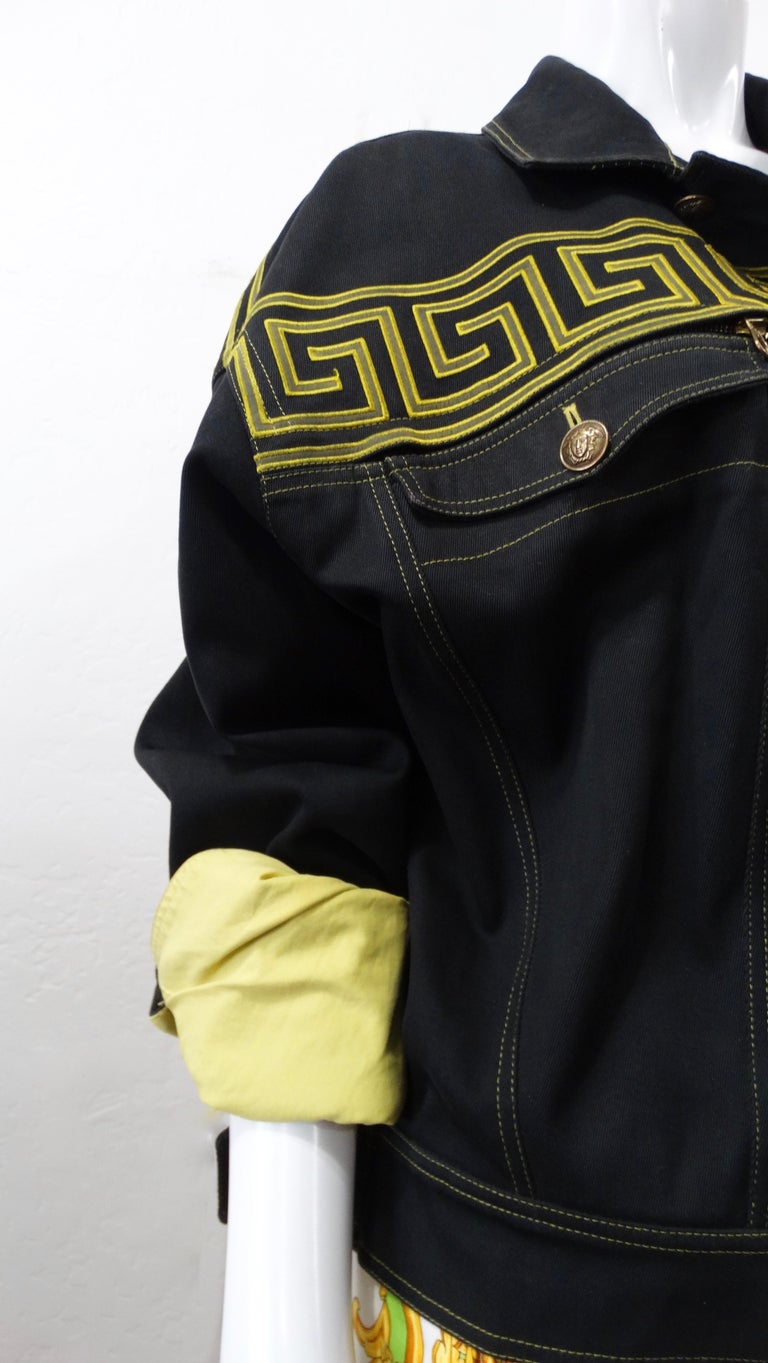 1990s Rare Versace Greek Key Denim Jacket at 1stDibs