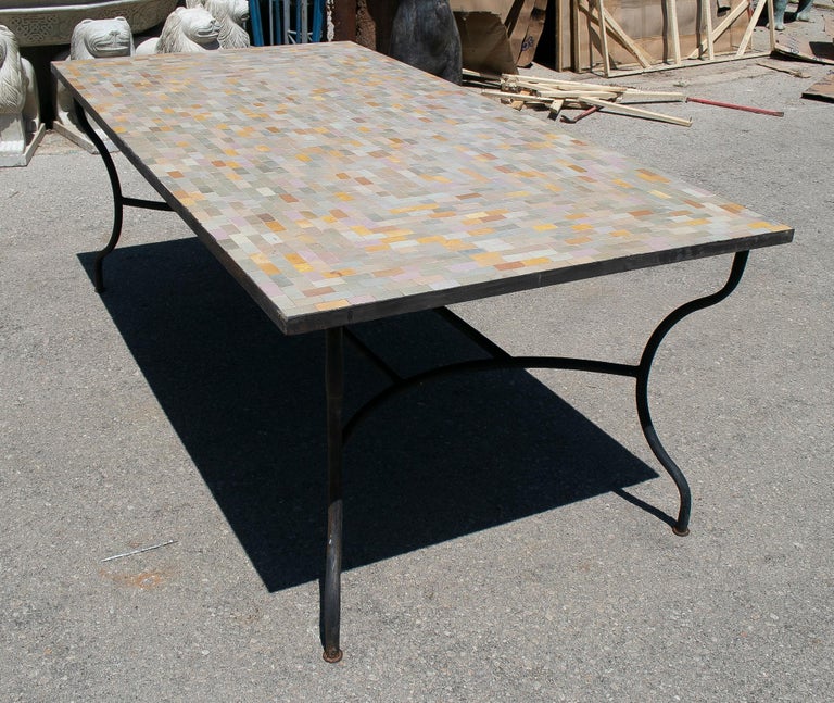 1990s Rectangular Spanish Green Glazed Zellige Tiled Mosaic Iron ...