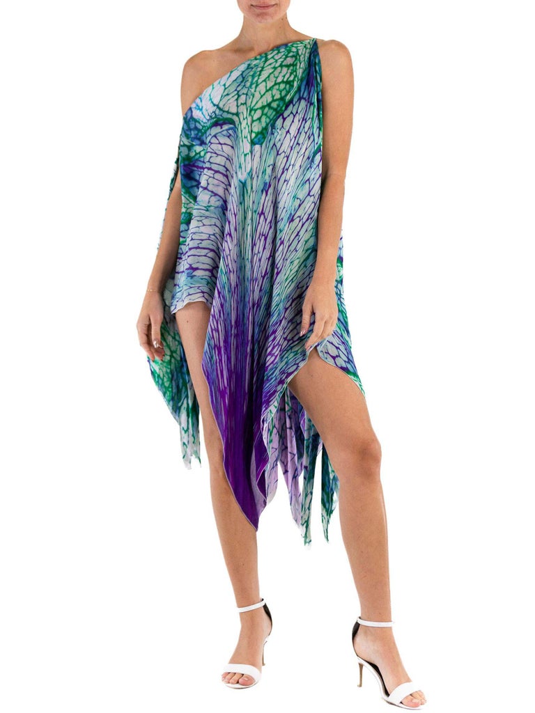 1990S Roberto Cavalli Ocean Blues Silk Chiffon Open Shoulder Dress For ...