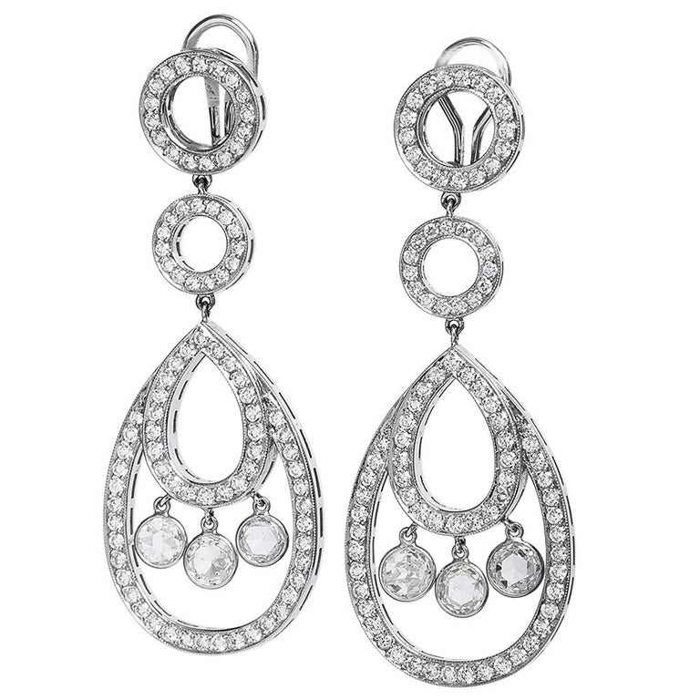 1990's Rose Cut Diamond 18k White Gold Dangle Drop Clip Earrings For ...