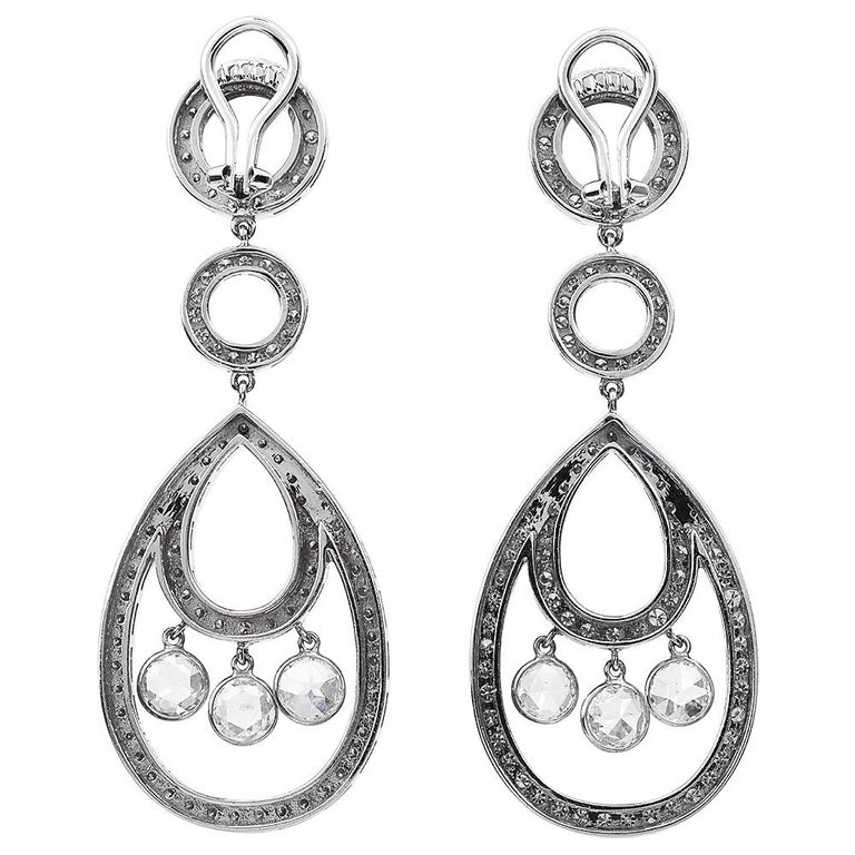 1990's Rose Cut Diamond 18k White Gold Dangle Drop Clip Earrings For ...