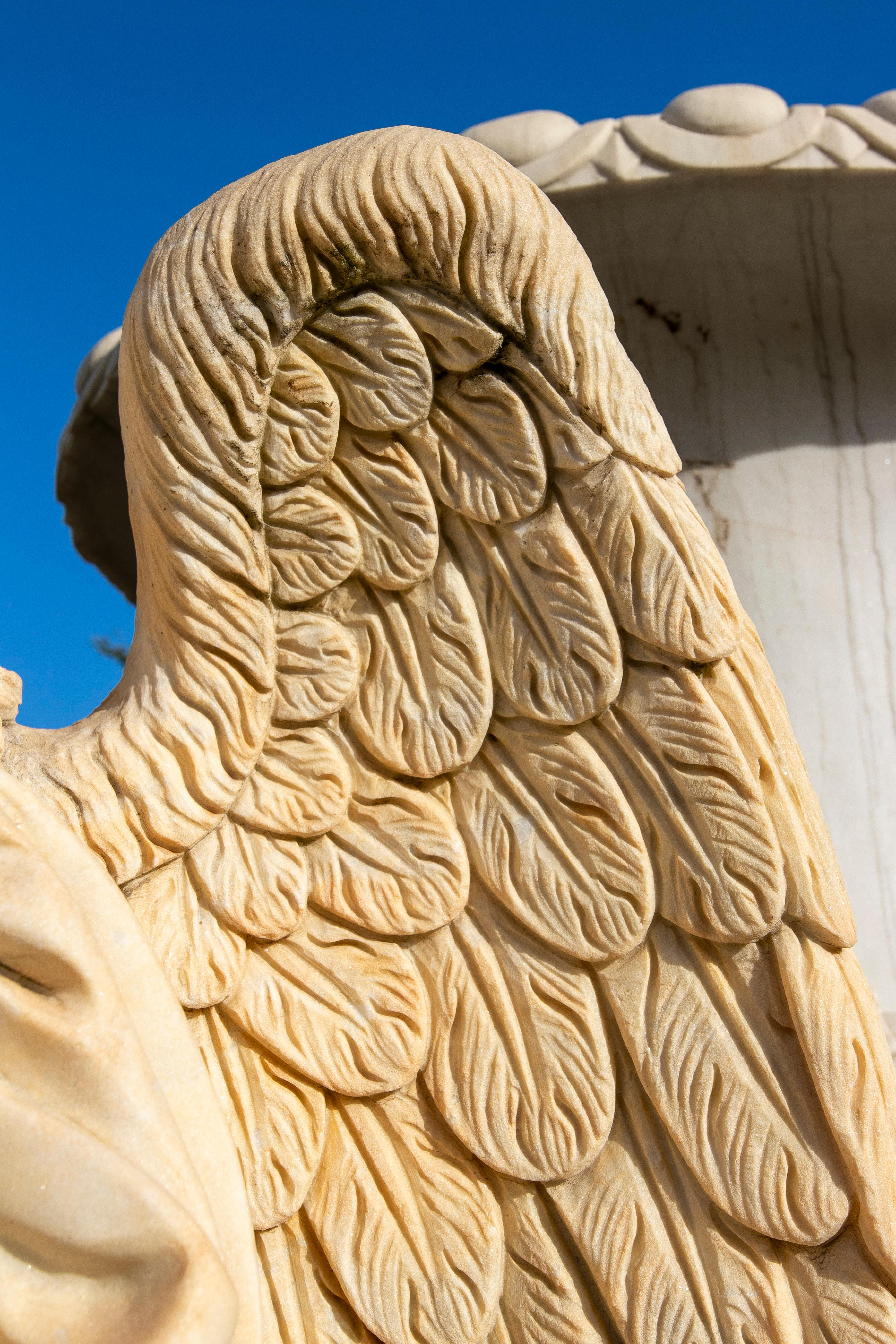 1990s Hand Carved Romano Travertine Marble Winged Angel Sculpture For ...