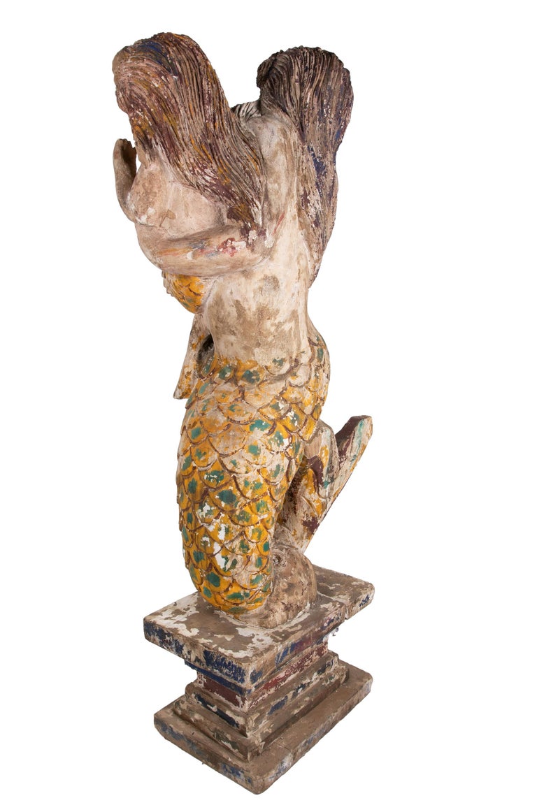1990s Spanish Hand Carved Wooden Painted Mermaid w/ Boy Sculpture For ...