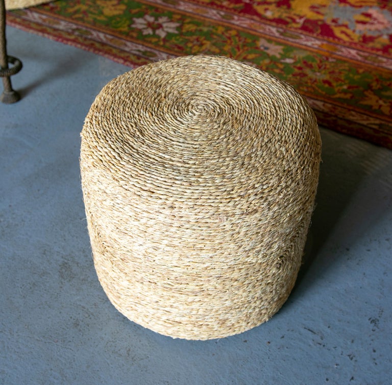 1990s Spanish Hand Woven Wicker Round Shaped Puff Seat For Sale at 1stDibs