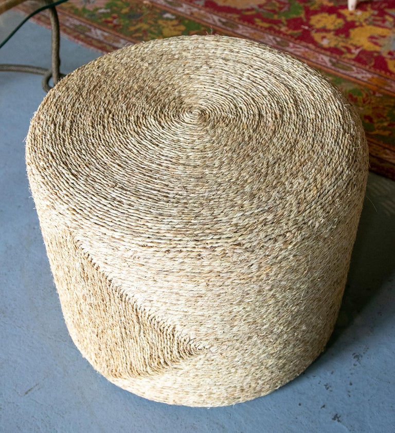 1990s Spanish Hand Woven Wicker Round Shaped Puff Seat For Sale at 1stDibs