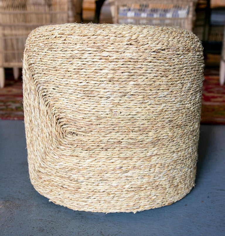 1990s Spanish Hand Woven Wicker Round Shaped Puff Seat For Sale at 1stDibs