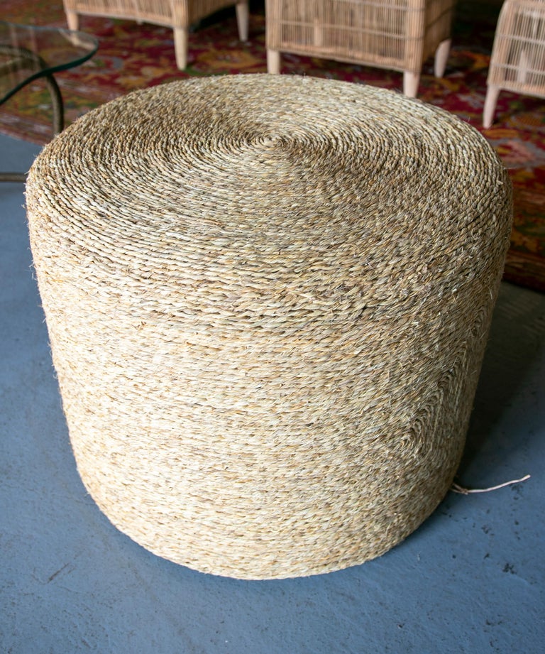 1990s Spanish Hand Woven Wicker Round Shaped Puff Seat For Sale at 1stDibs