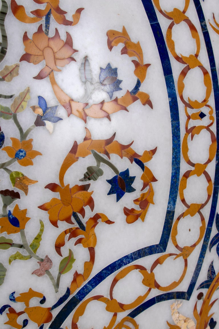 1990s Spanish Pietra Dura Mosaic Inlay Round White Marble Table Top w ...