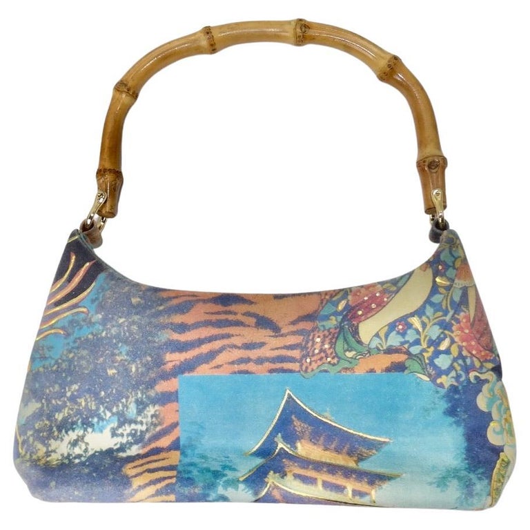 1990's Suede Dragon Motif Handbag with Bamboo Handle For Sale at 1stDibs