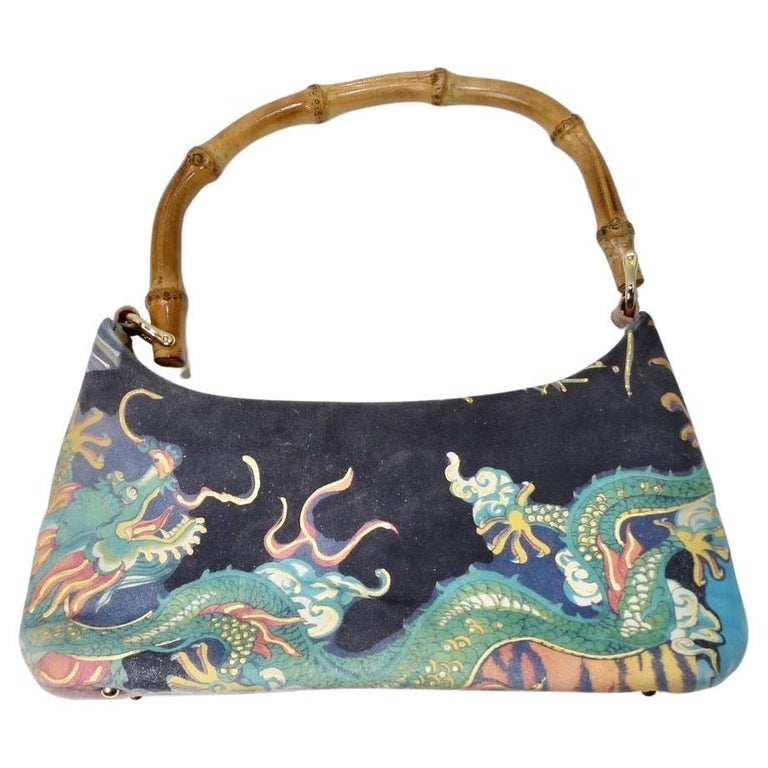 1990's Suede Dragon Motif Handbag with Bamboo Handle For Sale at 1stDibs