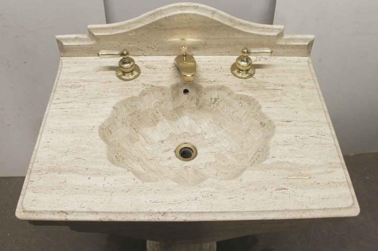 1990s Tan Stone Pedestal Seashell Sink with Backsplash and Round Base ...
