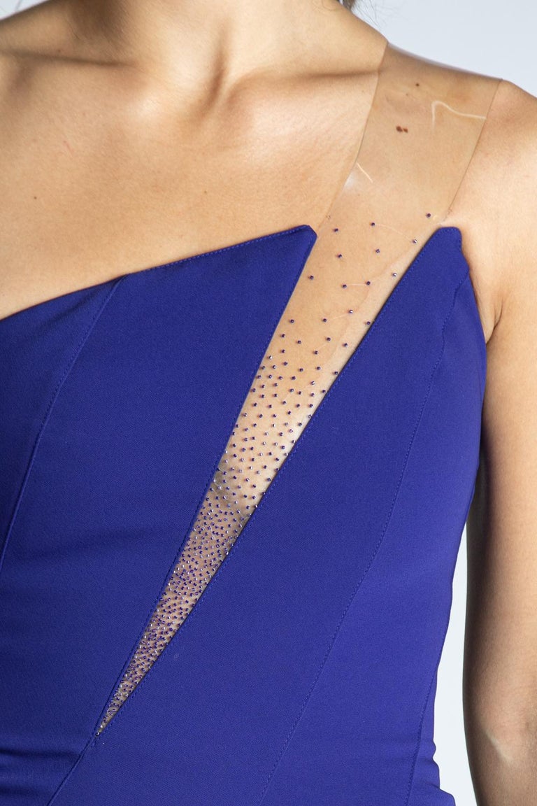 1990S THIERRY MUGLER Cobalt Blue Rayon Blend Jumpsuit With Beaded Clear ...