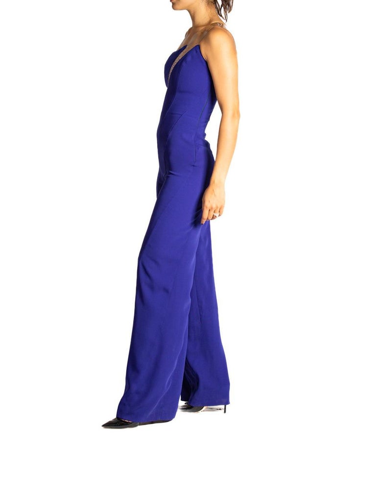 1990S THIERRY MUGLER Cobalt Blue Rayon Blend Jumpsuit With Beaded Clear ...