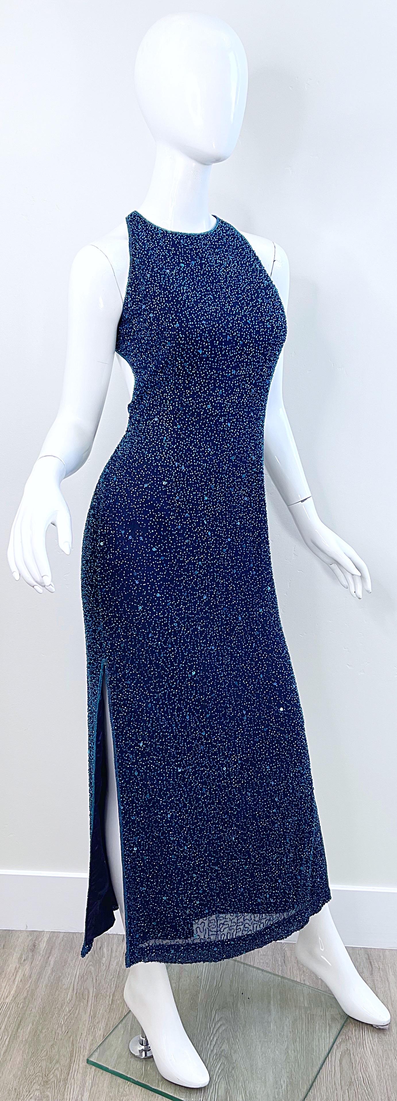 1990s Turquoise and Navy Blue Fully Beaded Silk Open Back Vintage 90s ...