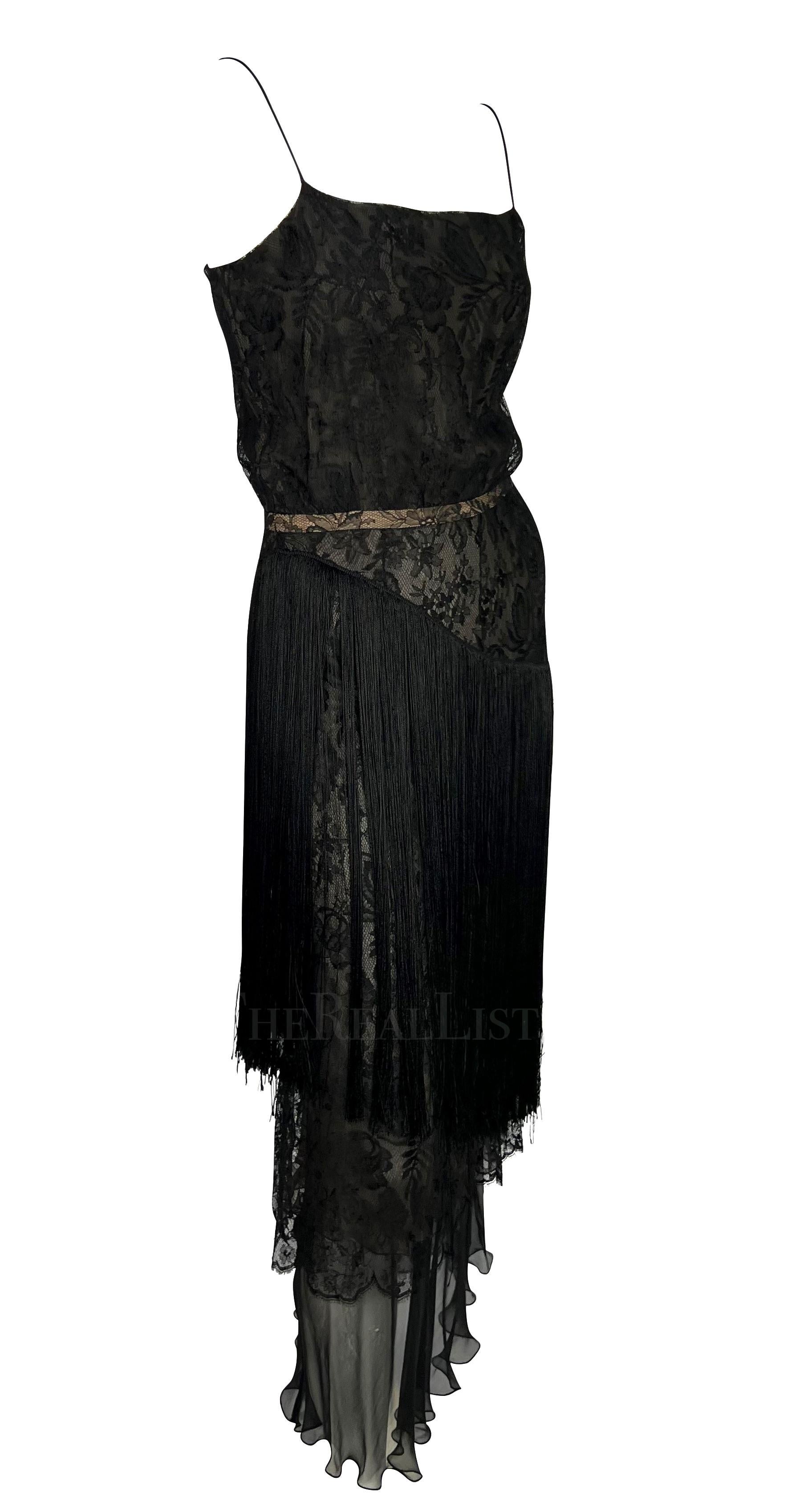 1990s Valentino Garavani Asymmetric Black Lace Flapper Fringe Slip ...
