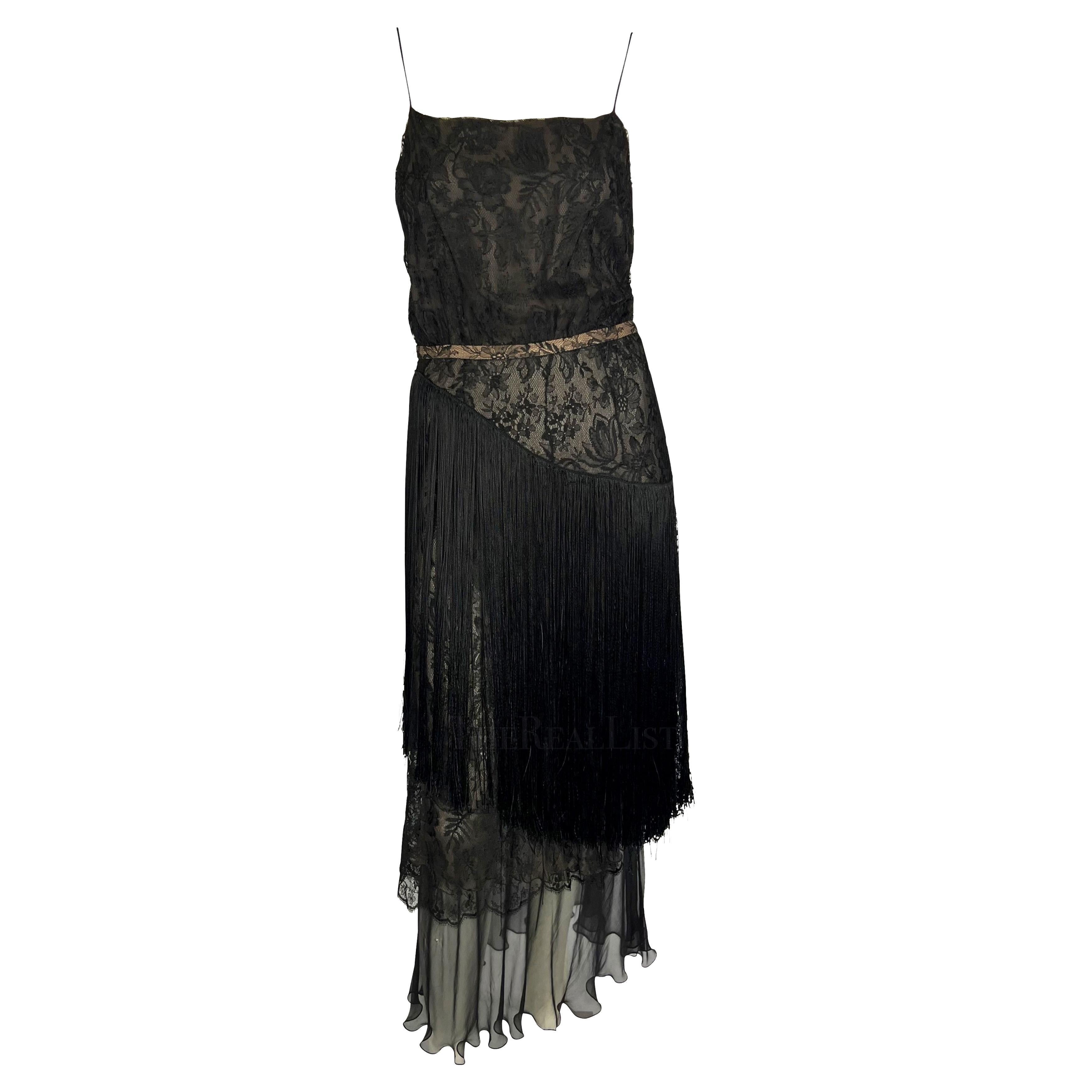 1990s Valentino Garavani Asymmetric Black Lace Flapper Fringe Slip ...