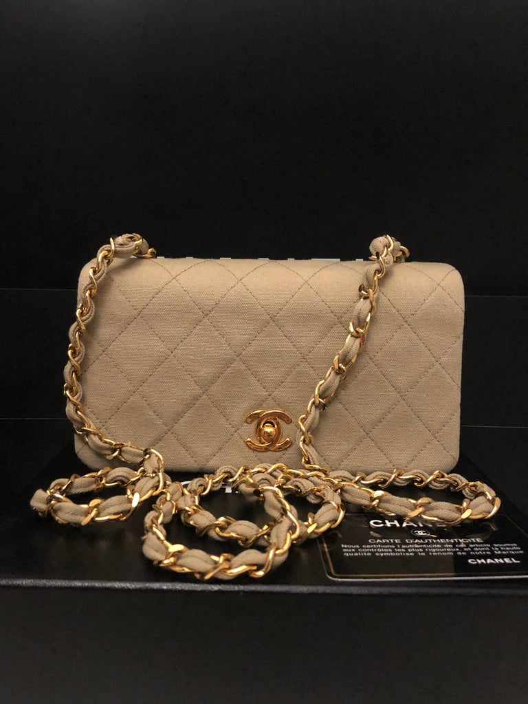 1990s Vintage CHANEL Quilted Khaki Canvas Mini Flap Bag For Sale at 1stDibs