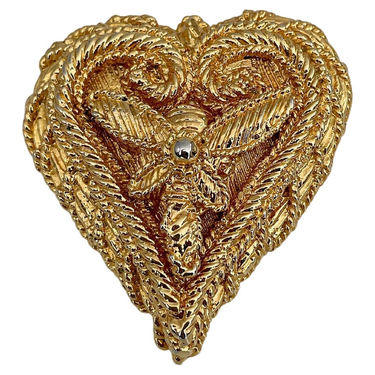 1990s Vintage Christian Lacroix Gold Tone Lace Design Heart Pin Brooch ...