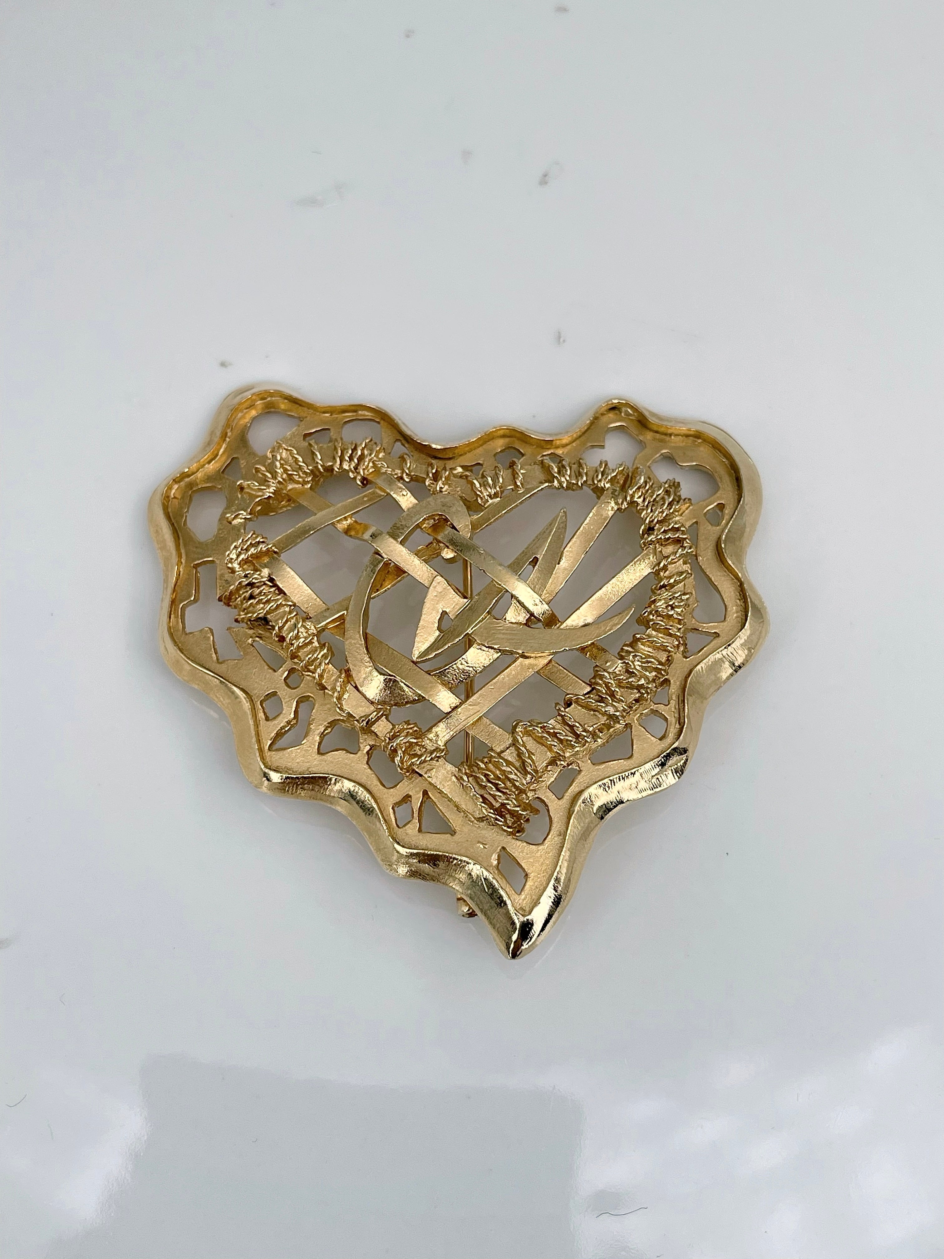 1990s Vintage Christian Lacroix Gold Tone Openwork Design CL Heart Pin ...