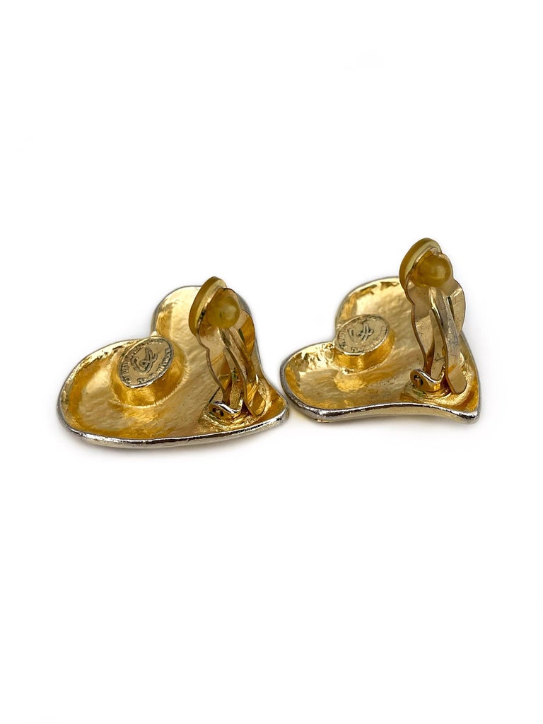 1990s Vintage Christian Lacroix Logo Gold Tone Crystal Heart Clip on ...
