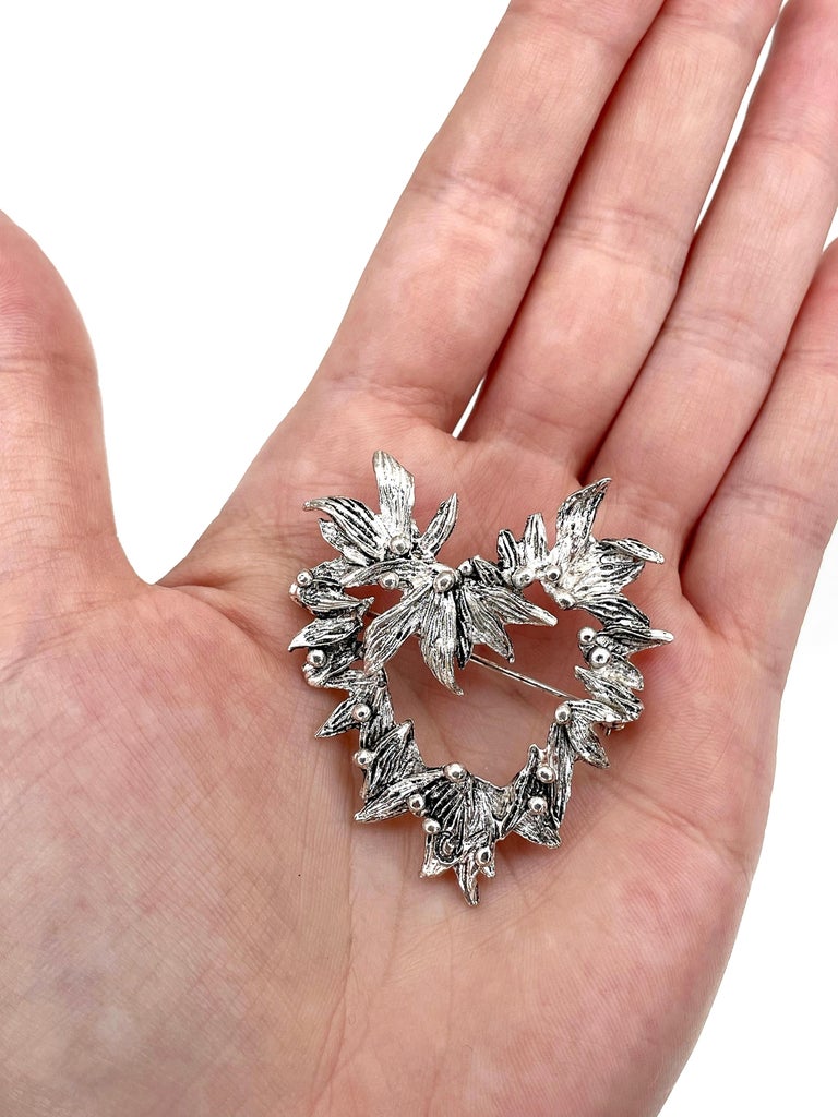 1990s Vintage Christian Lacroix Silver Tone Floral Heart Pin Brooch For ...